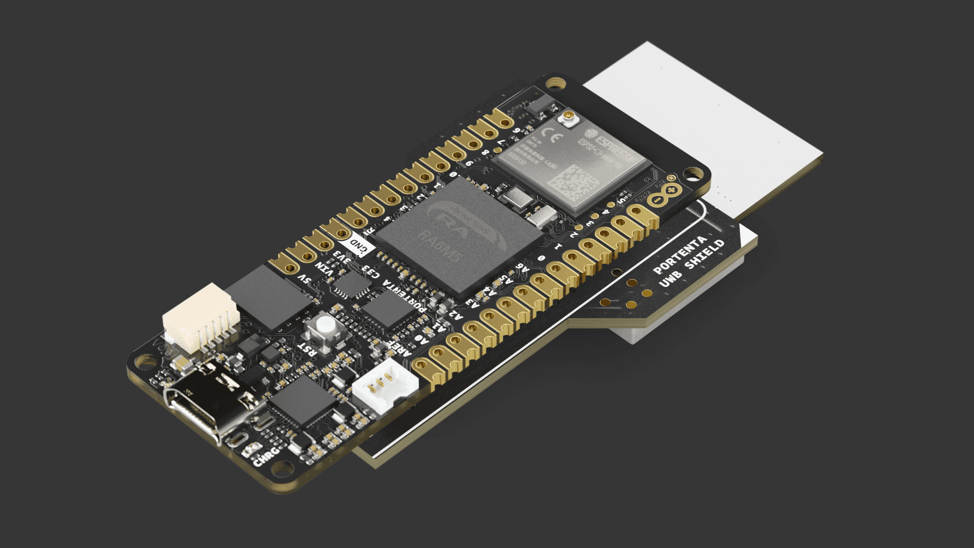 The Portenta UWB Shield with the Portenta C33 board