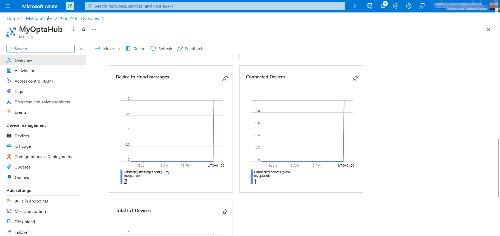 IoT Hub Dashboard receiving data from Opta™