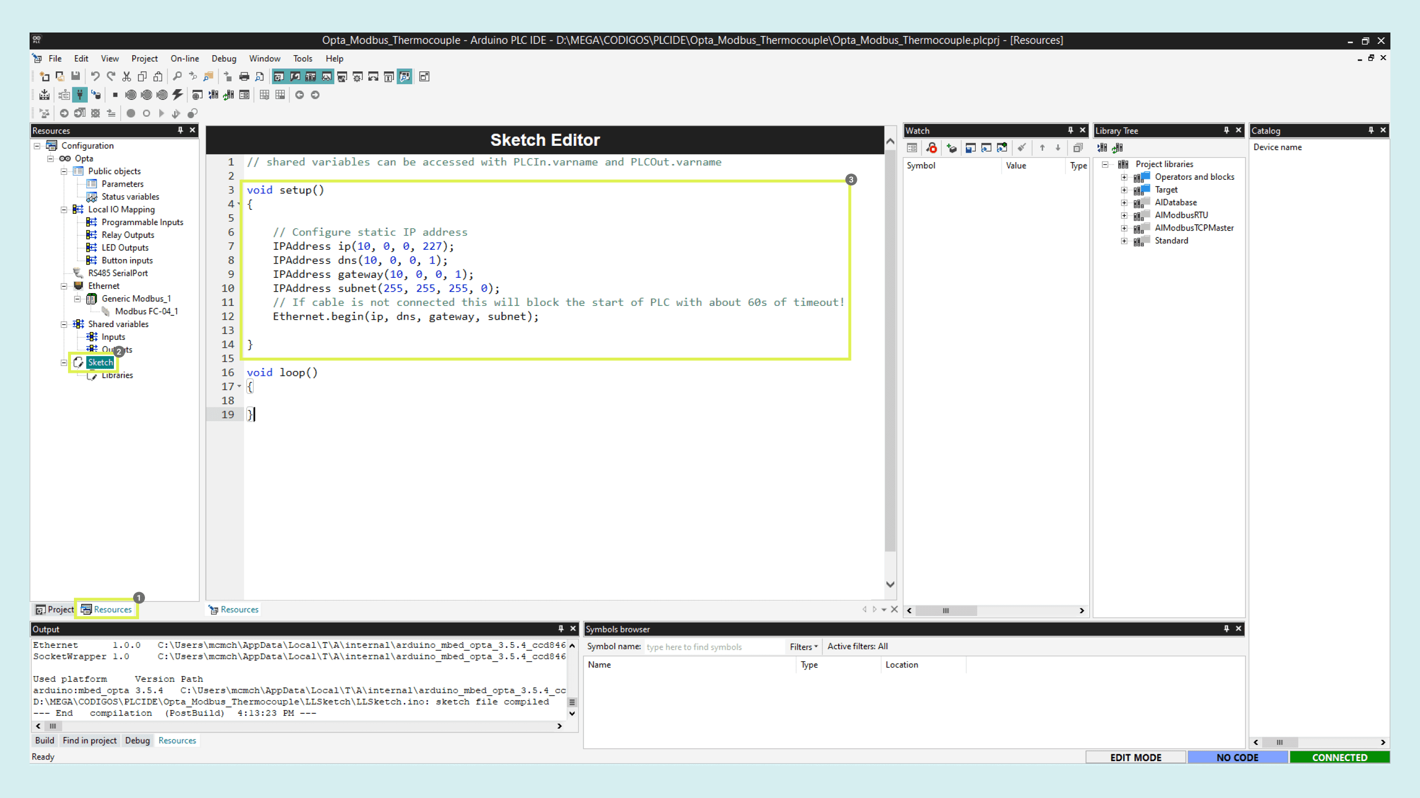 Network settings for Modbus TCP
