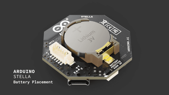 Correct battery placement in the Arduino Stella (positive side facing up)