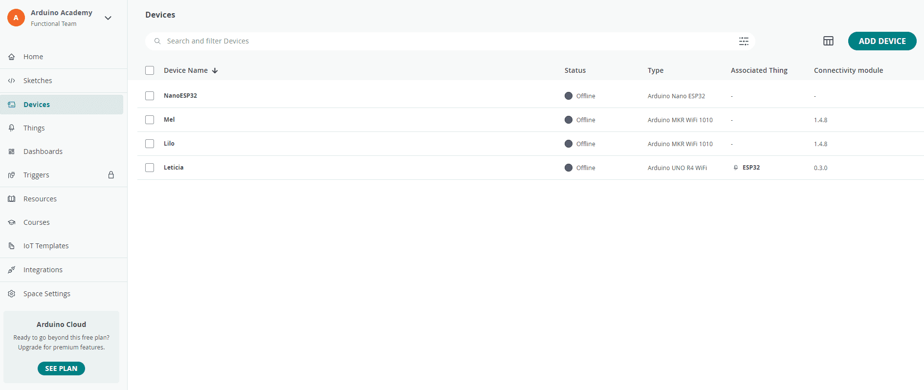 Device tab in the Cloud homepage