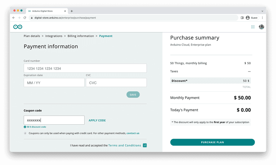 Arduino Cloud Coupon Applied