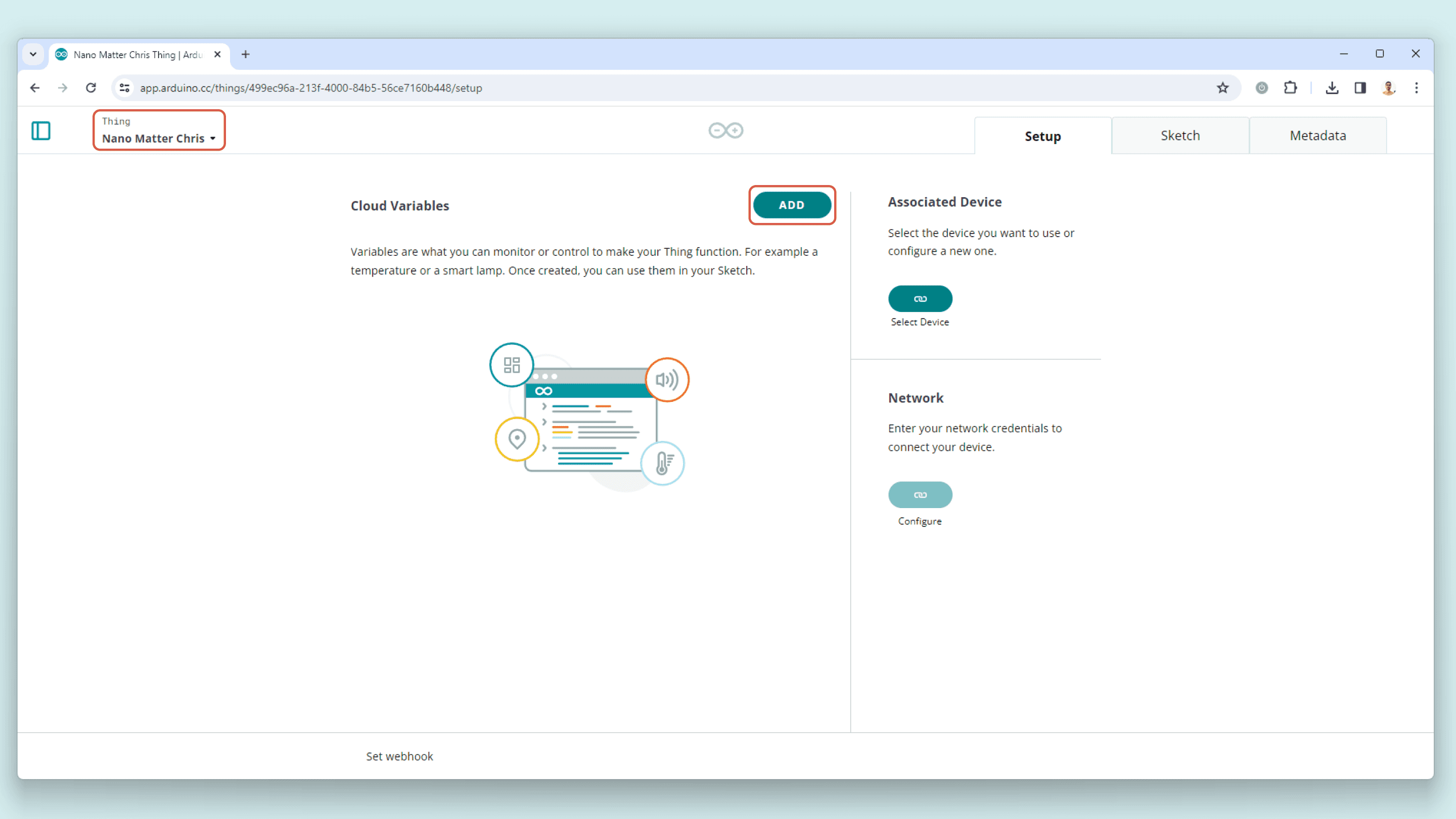 Read the QR code generated by the Nano Matter sketch, select the