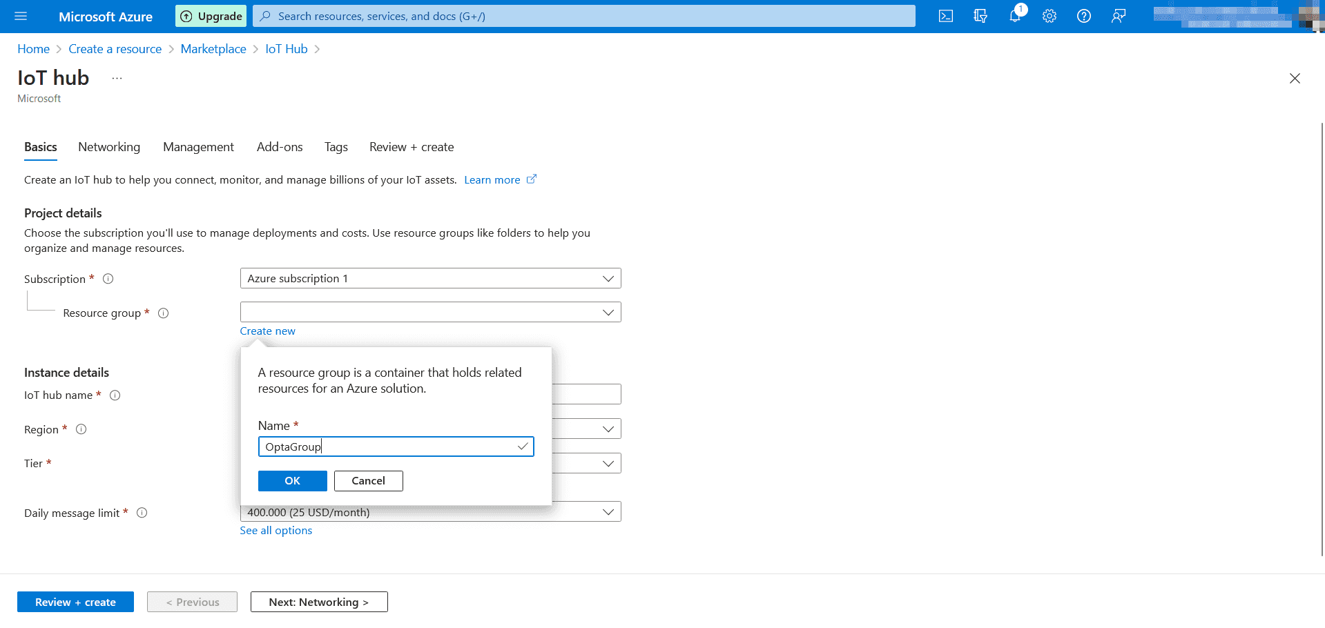 IoT hub configuration - Create a new Resource group