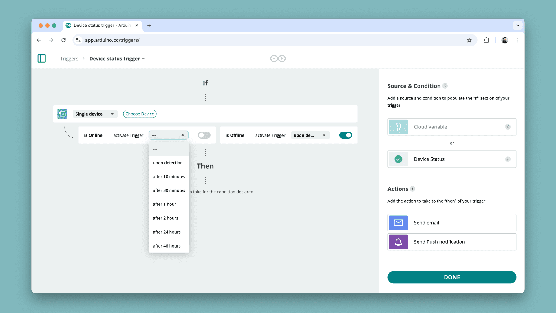 Device status notification setup.