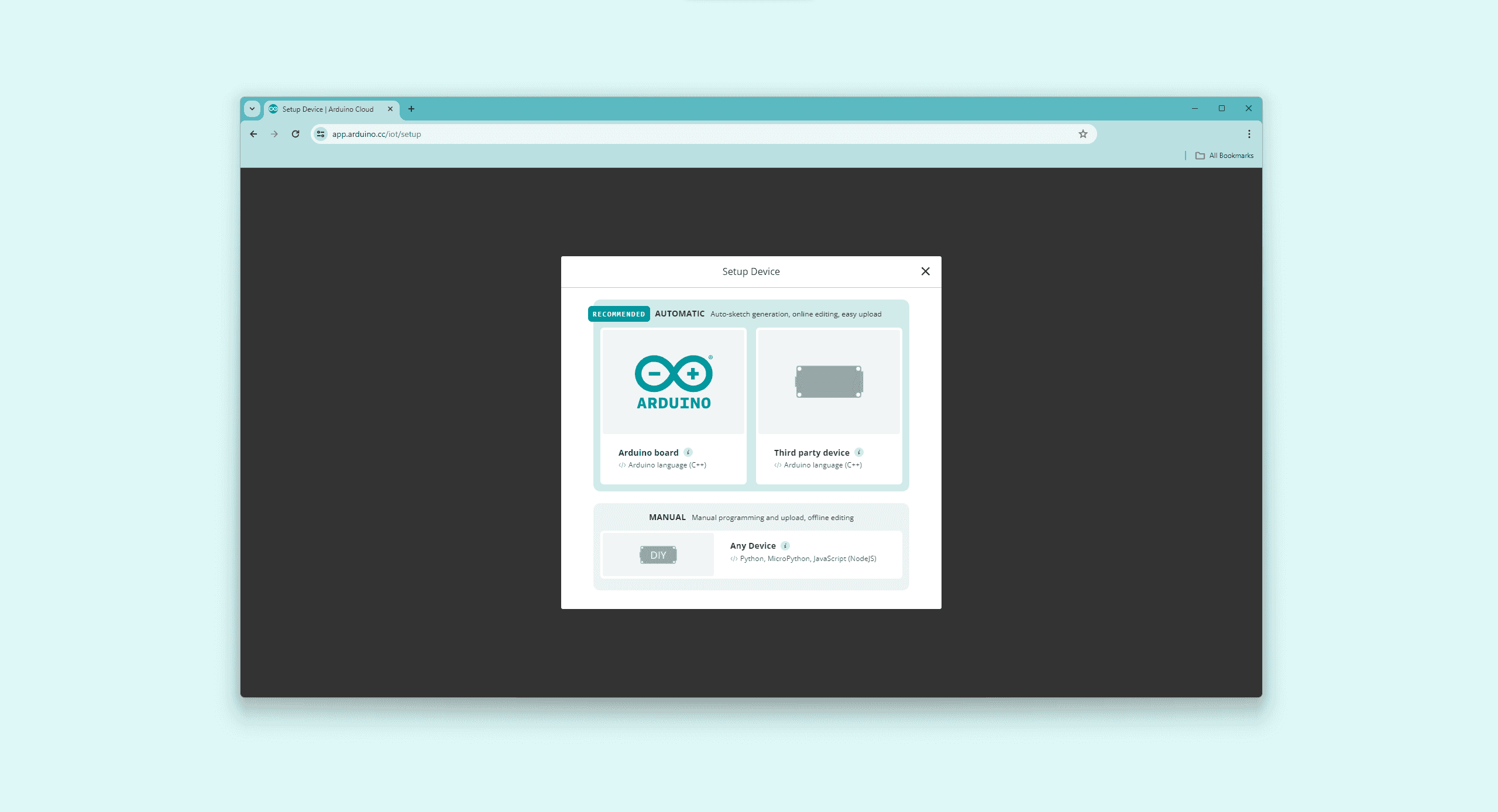 iot cloud setup device pop up window