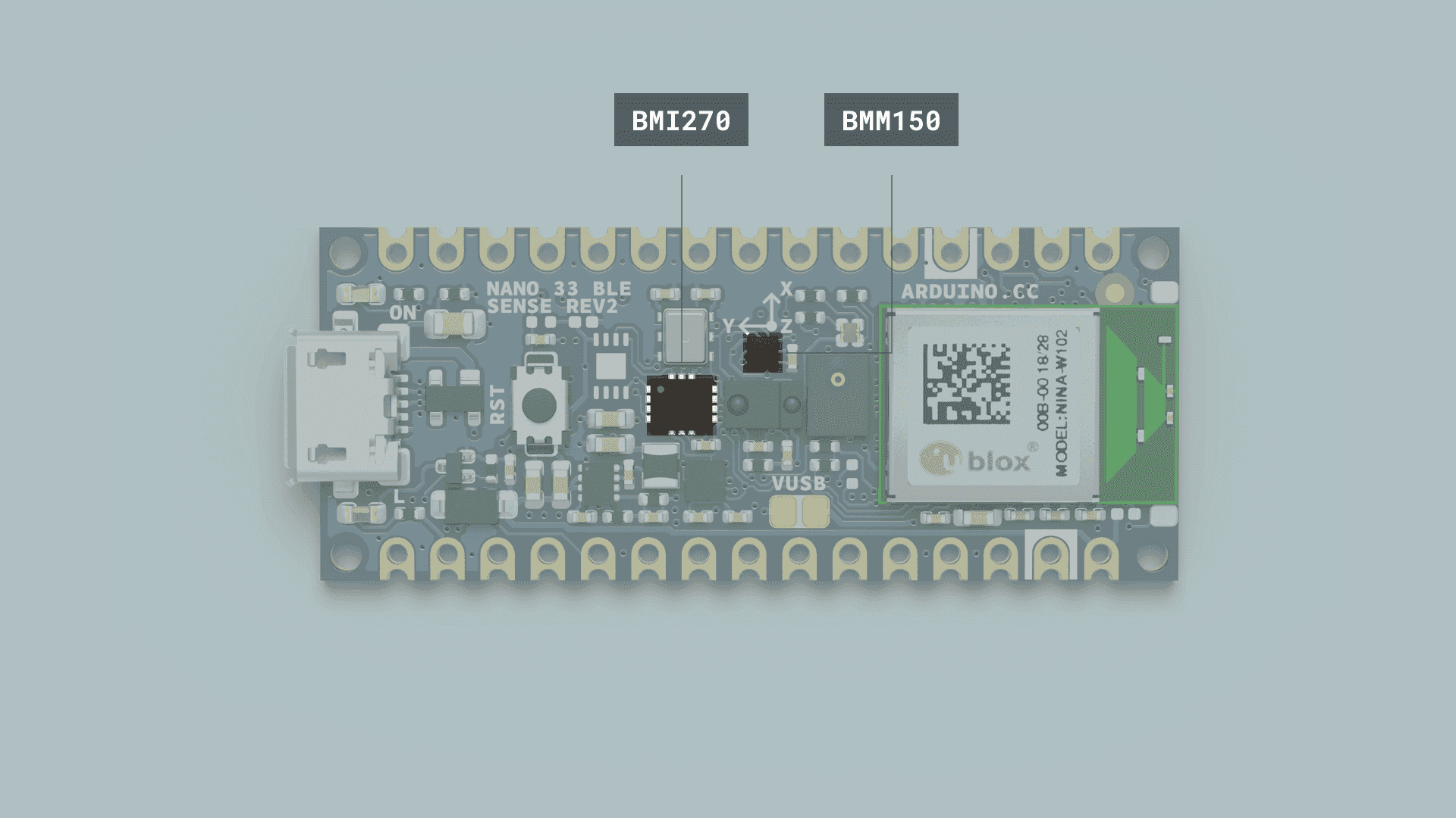 The Arduino Nano 33 BLE Sense Rev2 IMU system.