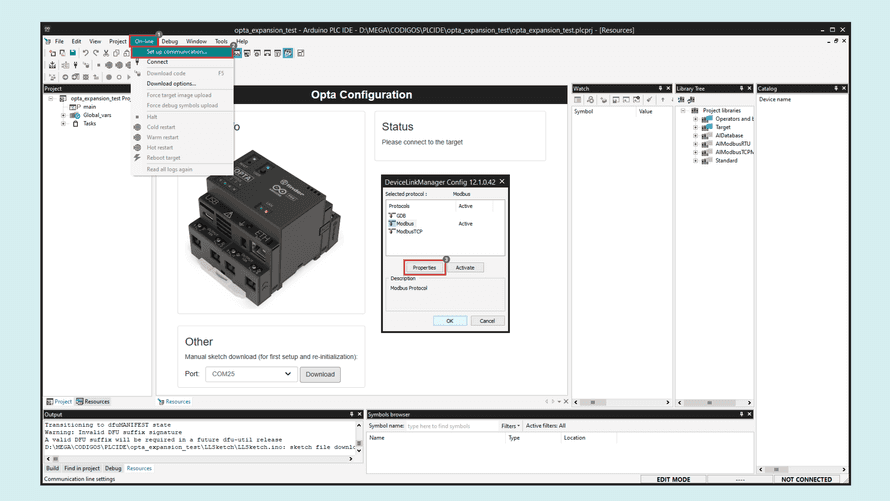 Opta™ communication setup Opta™ serial port selection