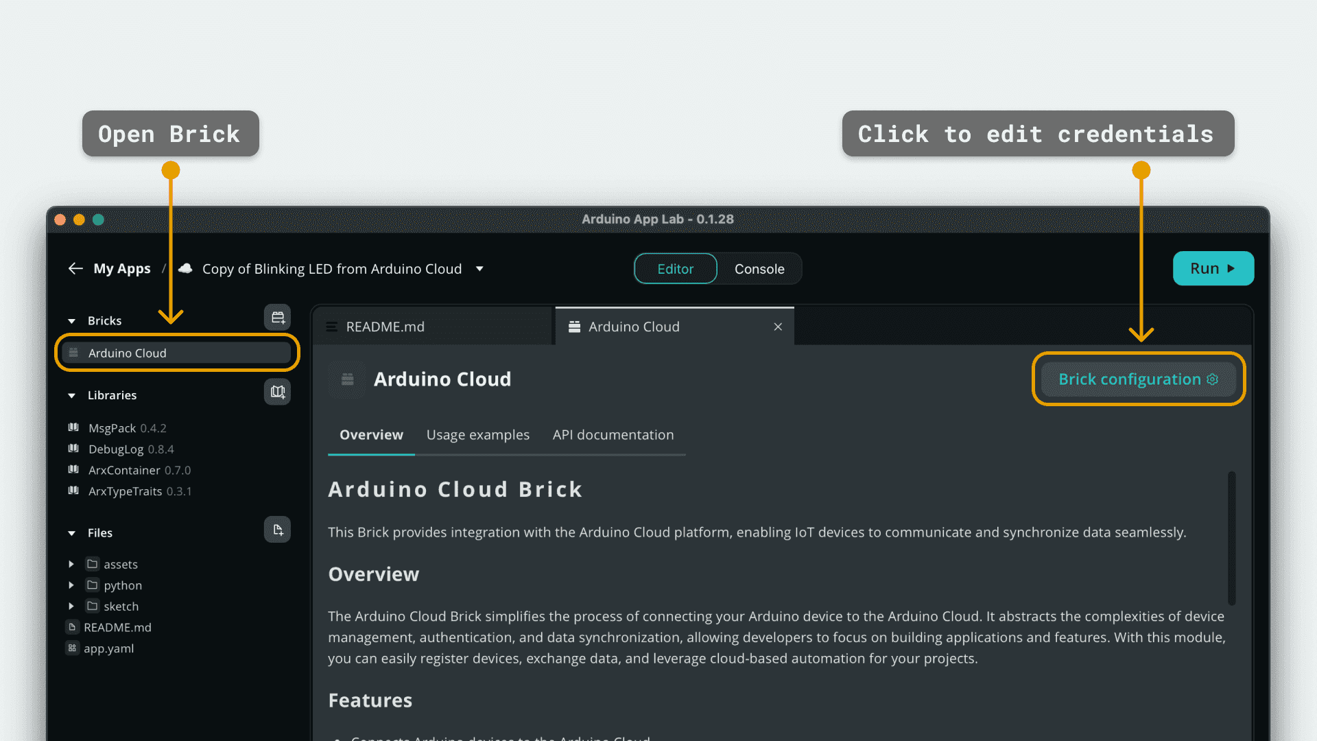 Enter the cloud credentials (device ID and secret key), replacing the