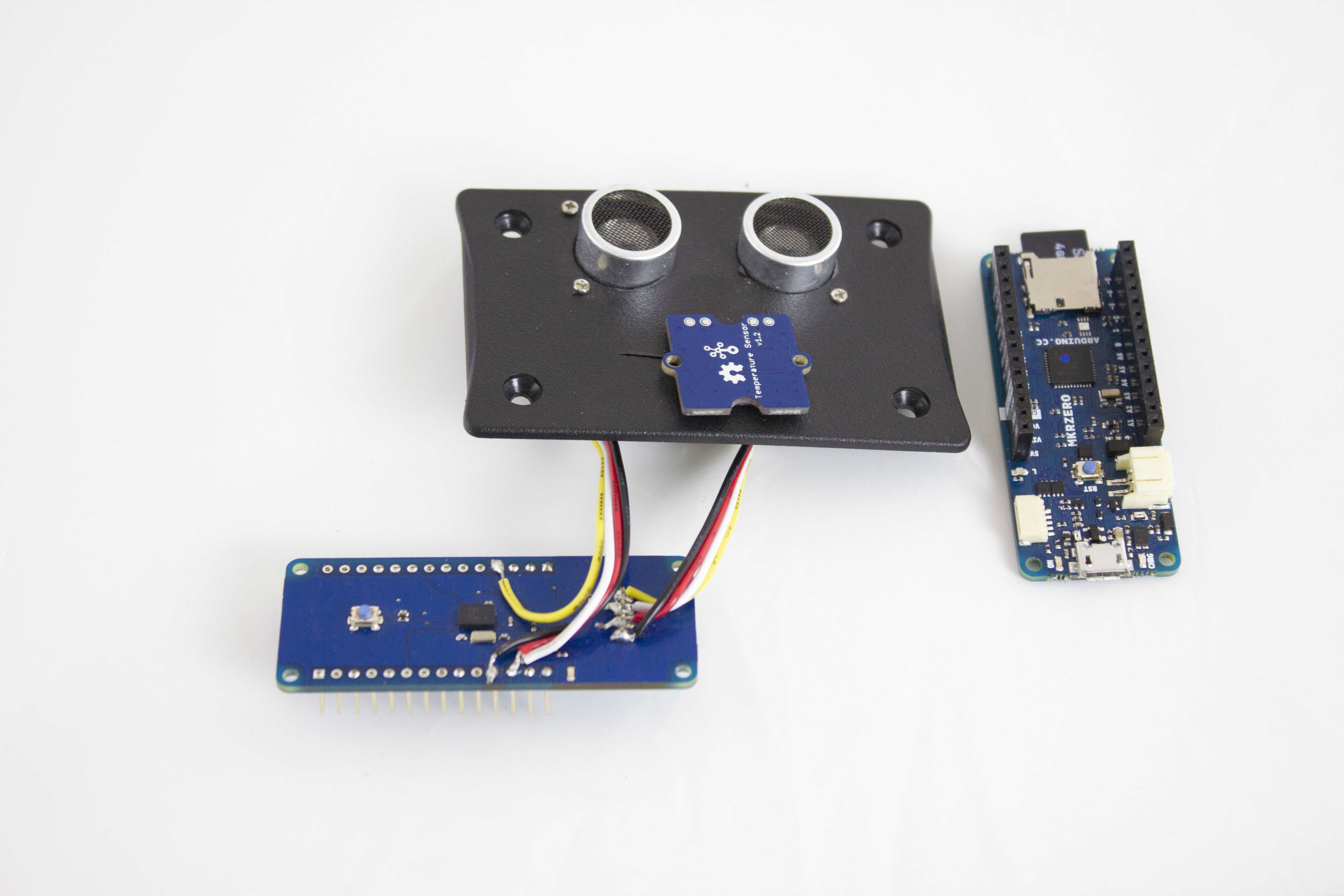 The ultrasound and the temperature sensors are connected with soldered ...