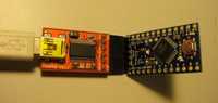 The Arduino Pro Mini connected to (and powered by) an FTDI TTL-232R-3V3 ...