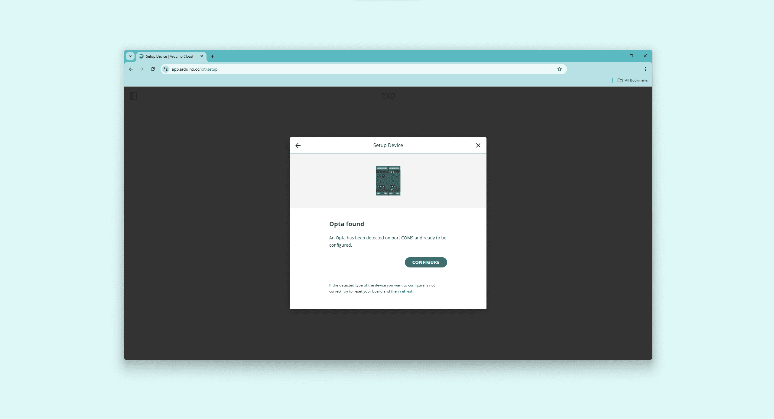 iot cloud setup device pop up window