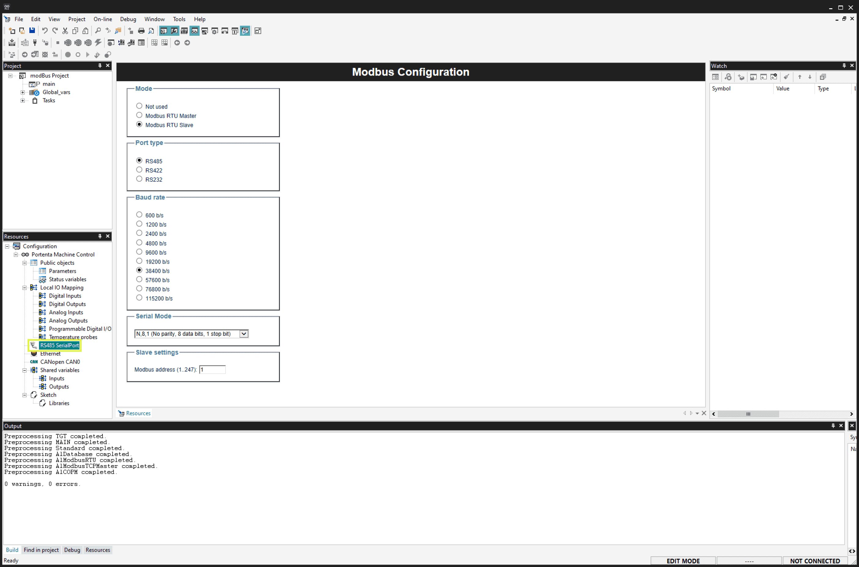 Arduino PLC IDE Resources panel, -> RS-485 settings Arduino PLC IDE Resources panel, -> RS-485 settings