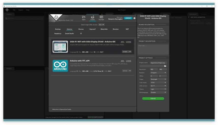 Project settings in SquareLine Studio