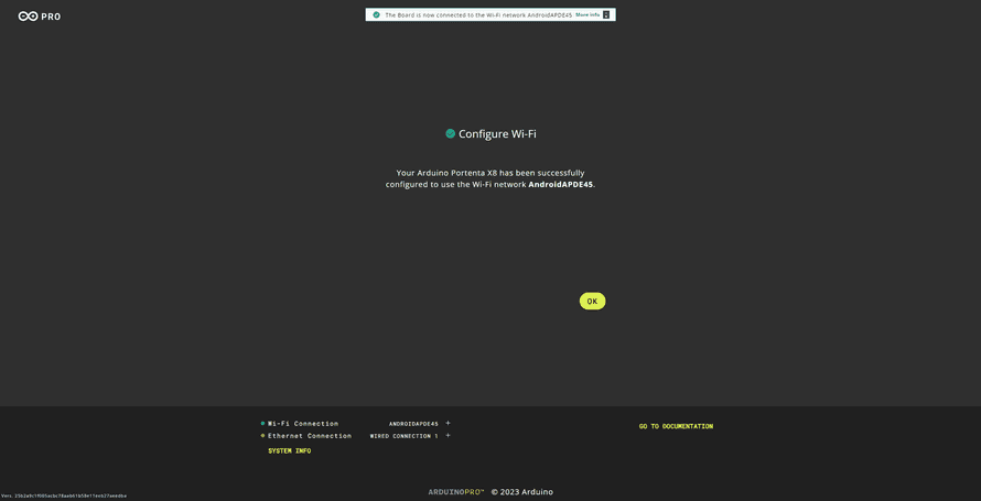Arduino Linux Wizard Wi-Fi® connection successful