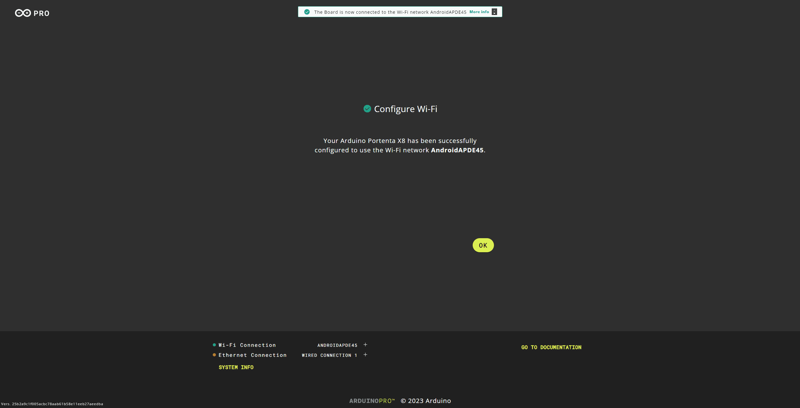 Arduino Linux Wizard Wi-Fi® connection successful