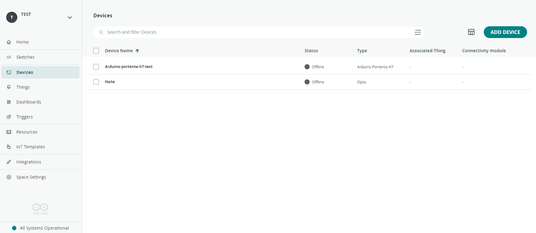 List of devices in your Arduino Cloud
