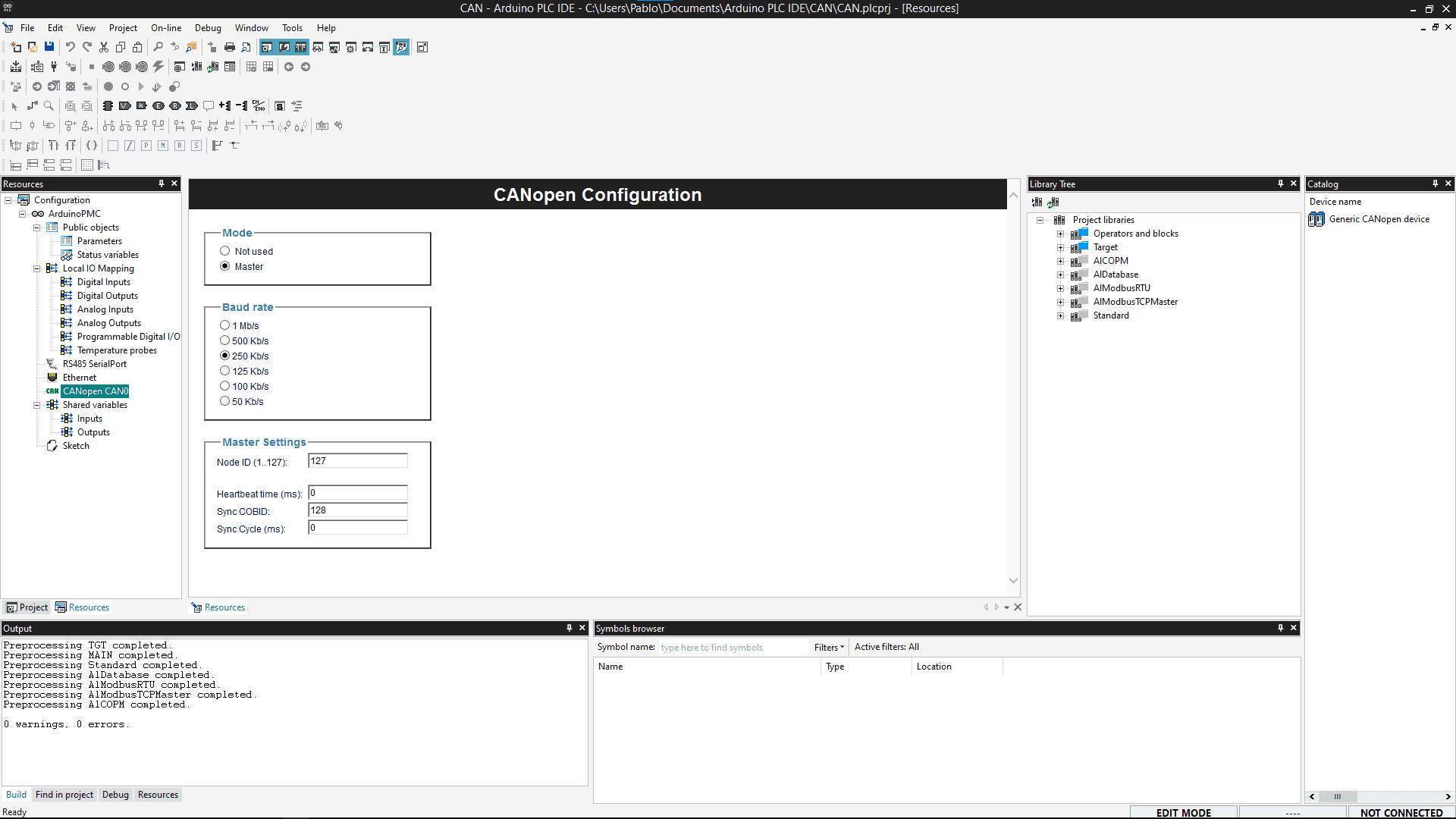Arduino PLC IDE Resources panel, -> CANopen CAN0