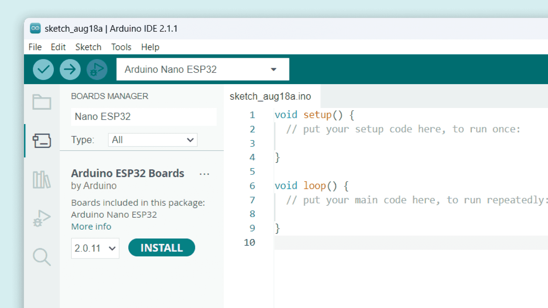 Install Nano ESP32 boards package.