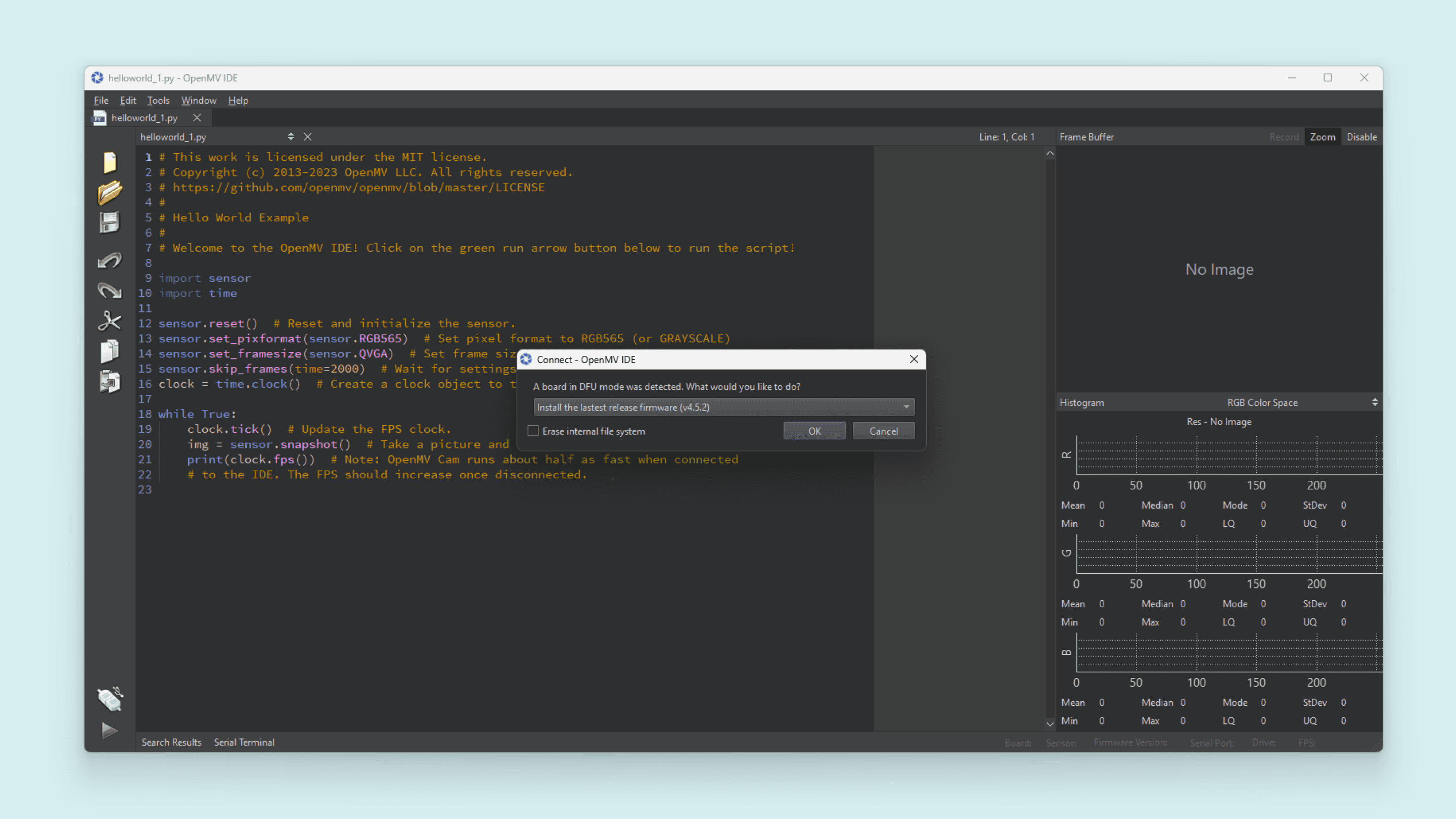 Install the latest version of the OpenMV firmware