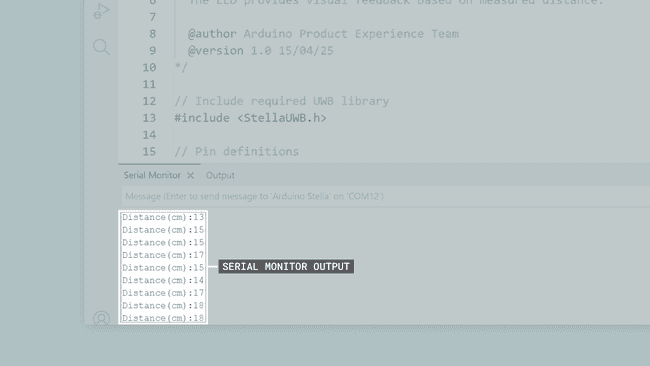 Arduino Stella Serial Monitor output showing distance measurements