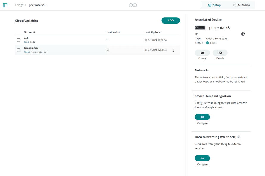 Portenta X8 example Thing