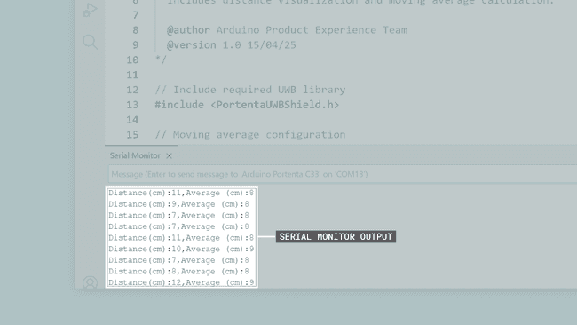 Portenta UWB Shield Serial Monitor output showing distance and average measurements