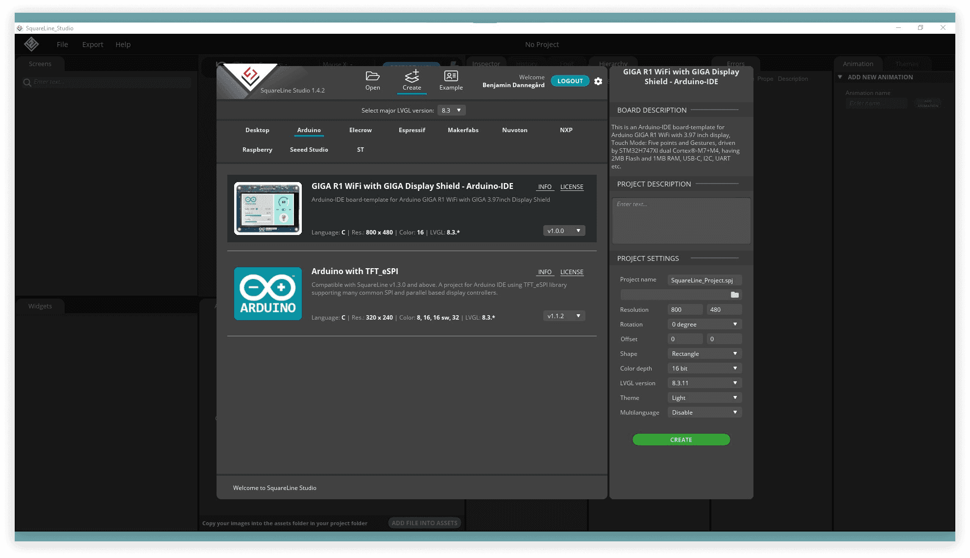 Project settings in SquareLine Studio