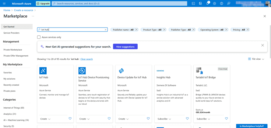 Marketplace inside sAzure IoT Portal