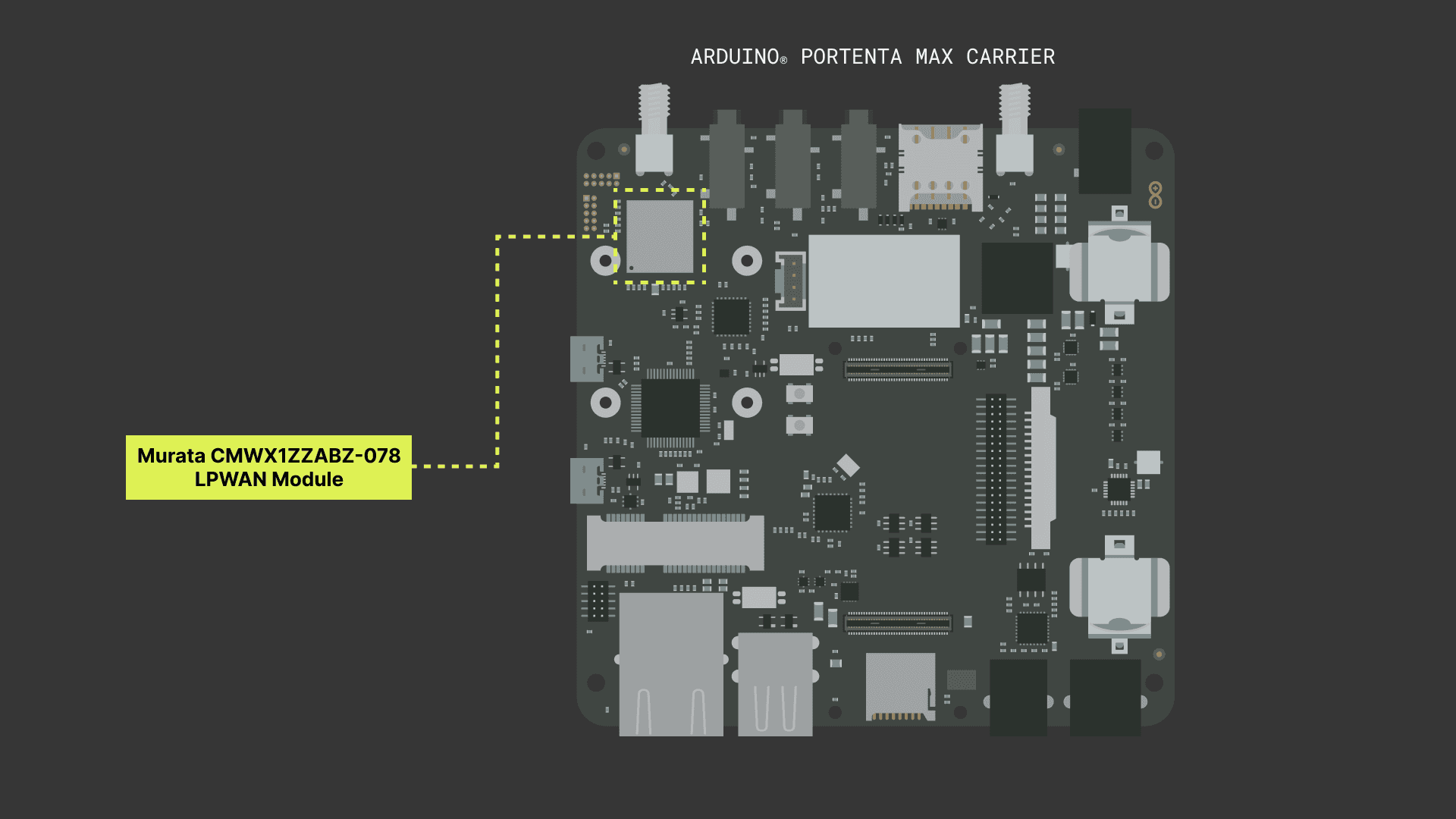 CMWX1ZZABZ-078 LPWAN module in the Portenta Max Carrier.