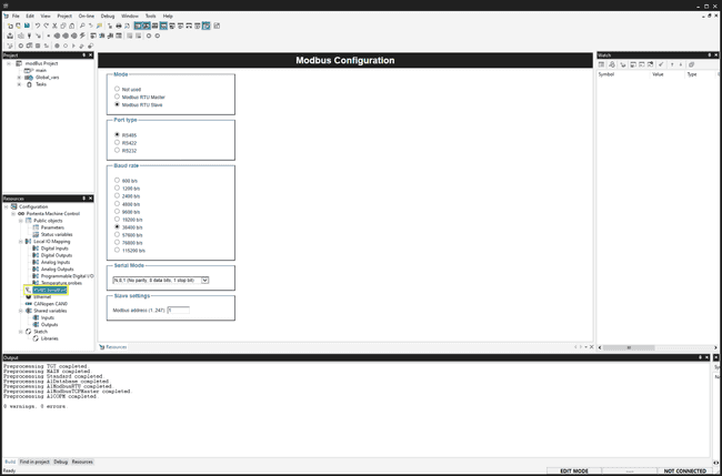 Arduino PLC IDE Resources panel, -> RS-485 settings
