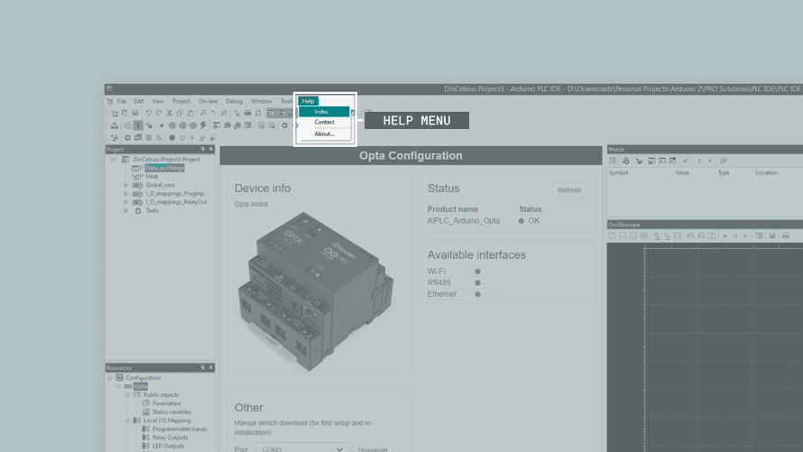 Help menu in the PLC IDE