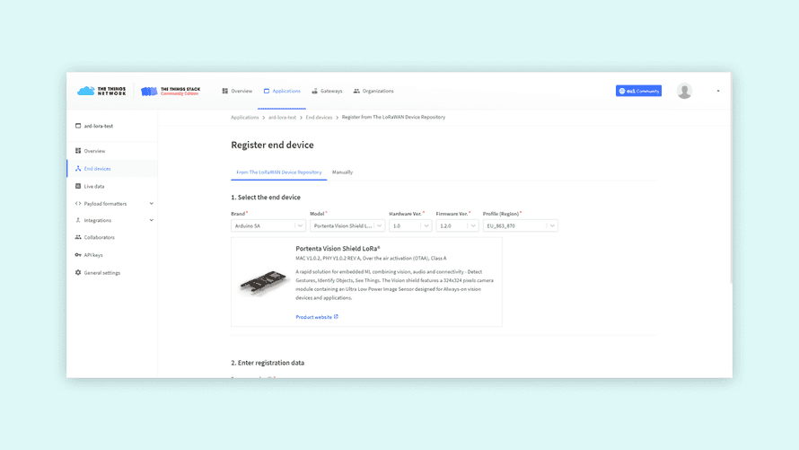 Connecting the Vision Shield - LoRa® to TTN Using LoRa® | Arduino Documentation