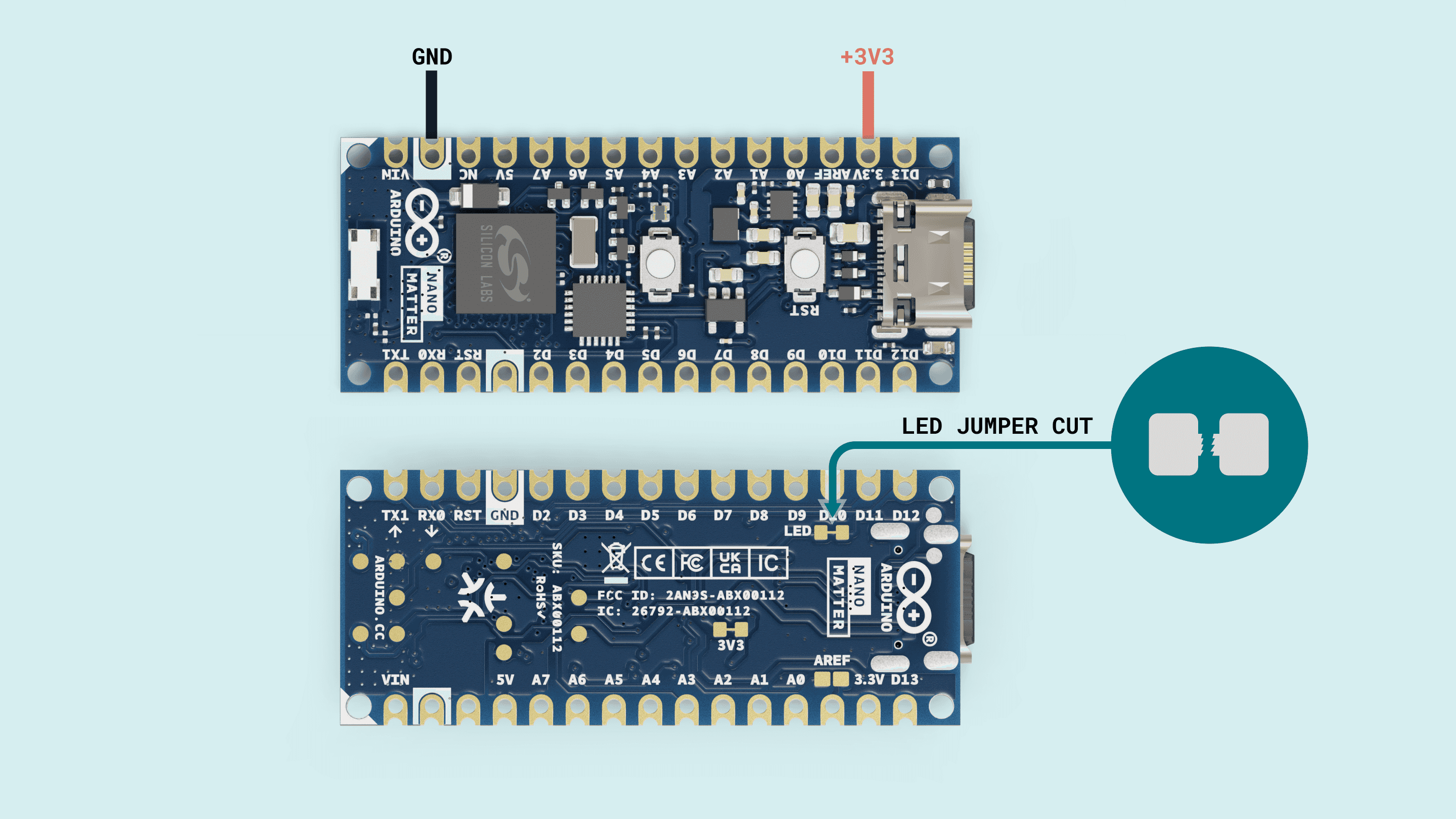 Image showing the LED jumper and external 3.3 V power