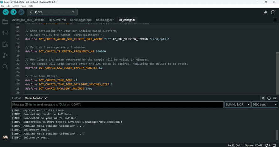 Opta™ Azure IoT Tutorial Sketch - Telemetry frequency