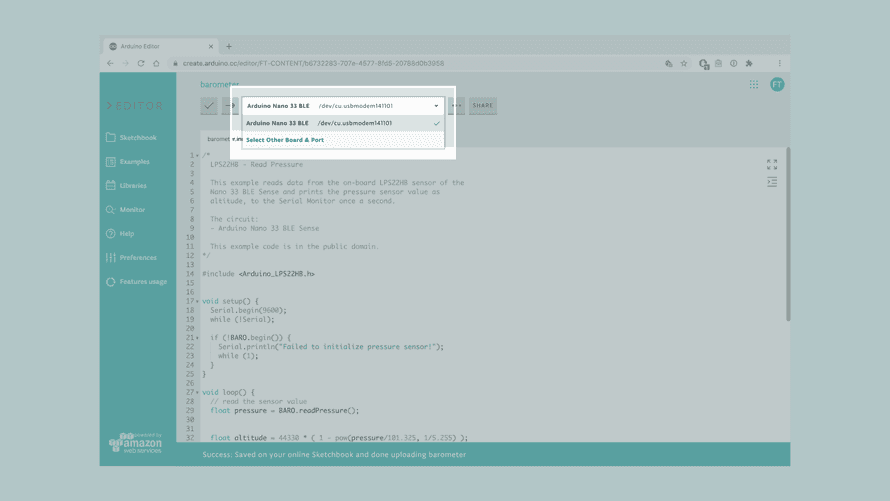 Access Barometric Pressure Sensor Data on Nano 33 BLE Sense | Arduino Documentation