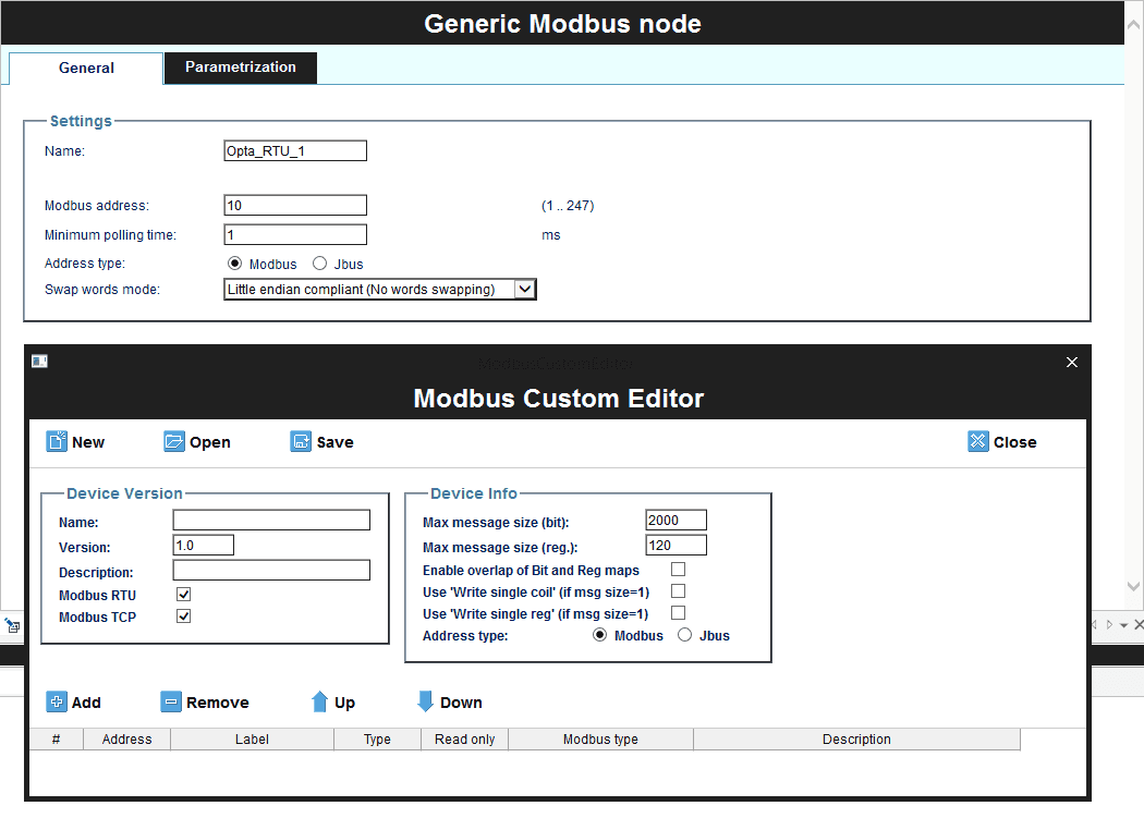 Arduino PLC IDE - Modbus Custom Editor Configuration