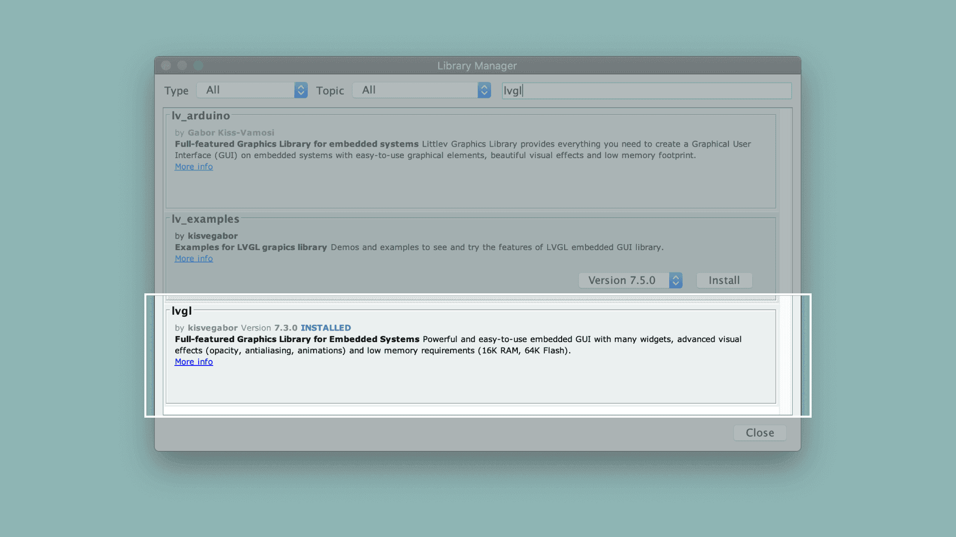 Library Manager showing the installed lvgl library.
