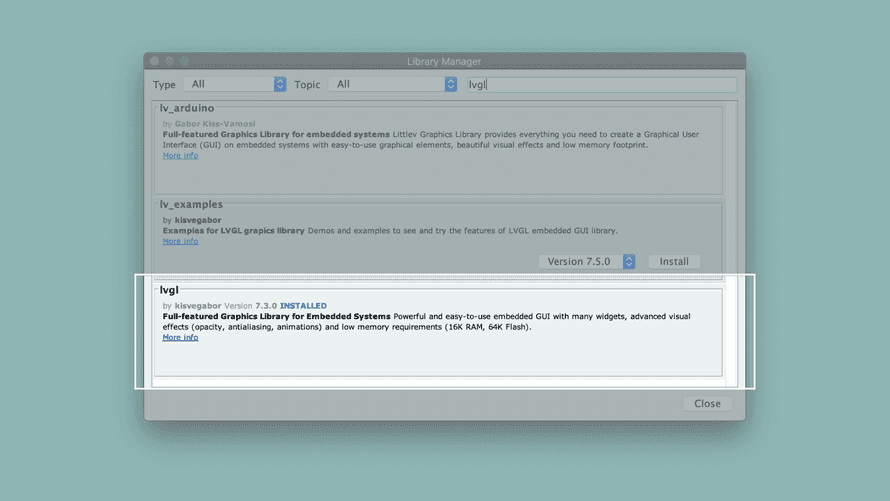 Library Manager showing the installed lvgl library.