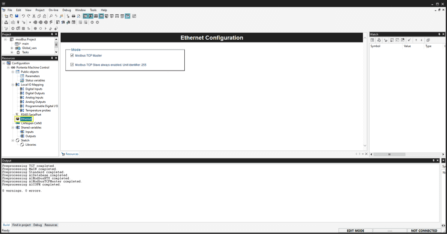Arduino PLC IDE Resources panel, -> Ethernet configuration